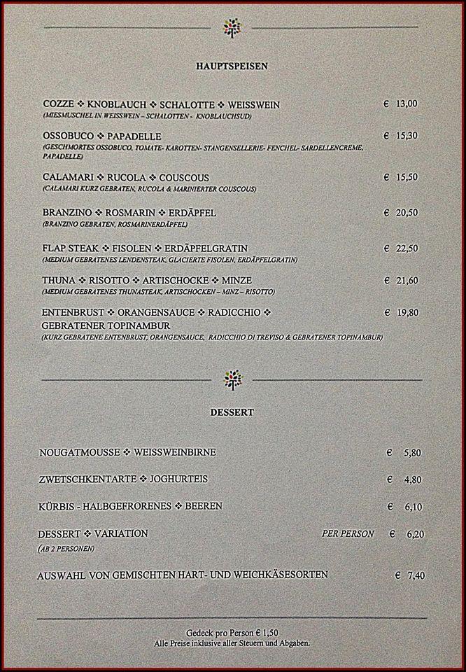 Menu at Terra Rossa restaurant, Vienna
