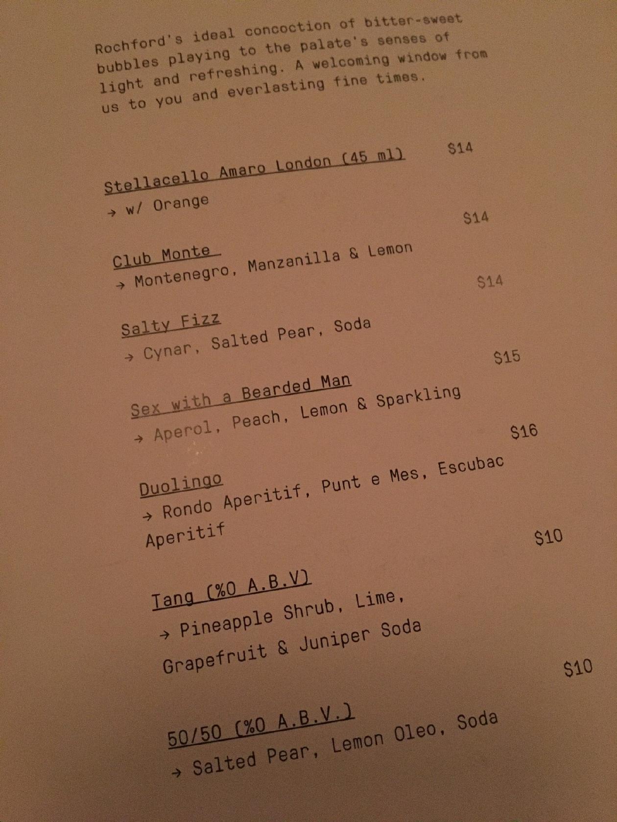 Menu at Bar Rochford, Canberra