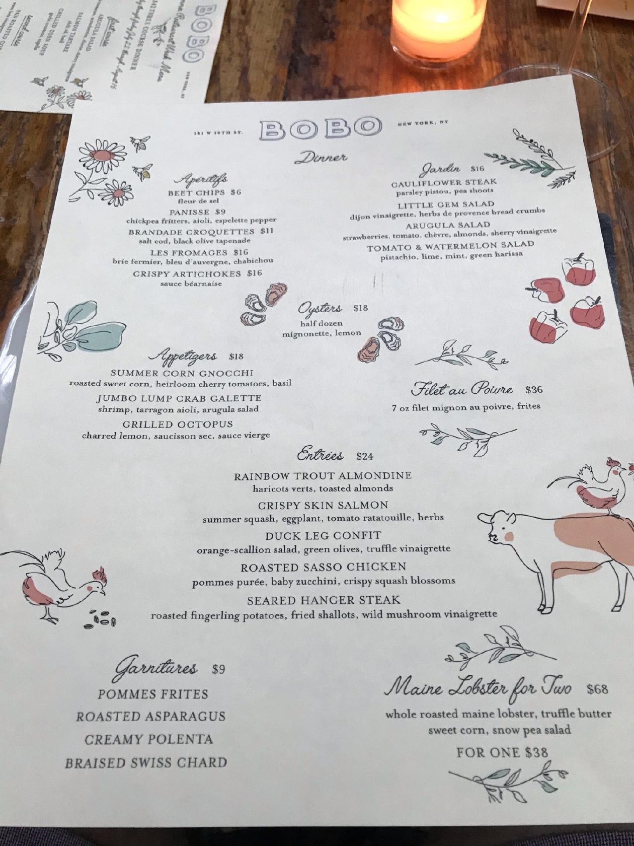 Menu at Bobo pub & bar, New York City, 181 W 10th St