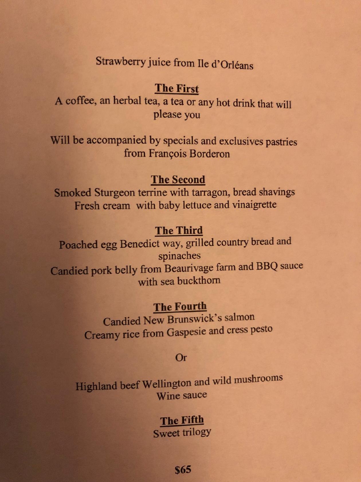 Menu au Restaurant Champlain, Québec, 1 Rue des Carrières