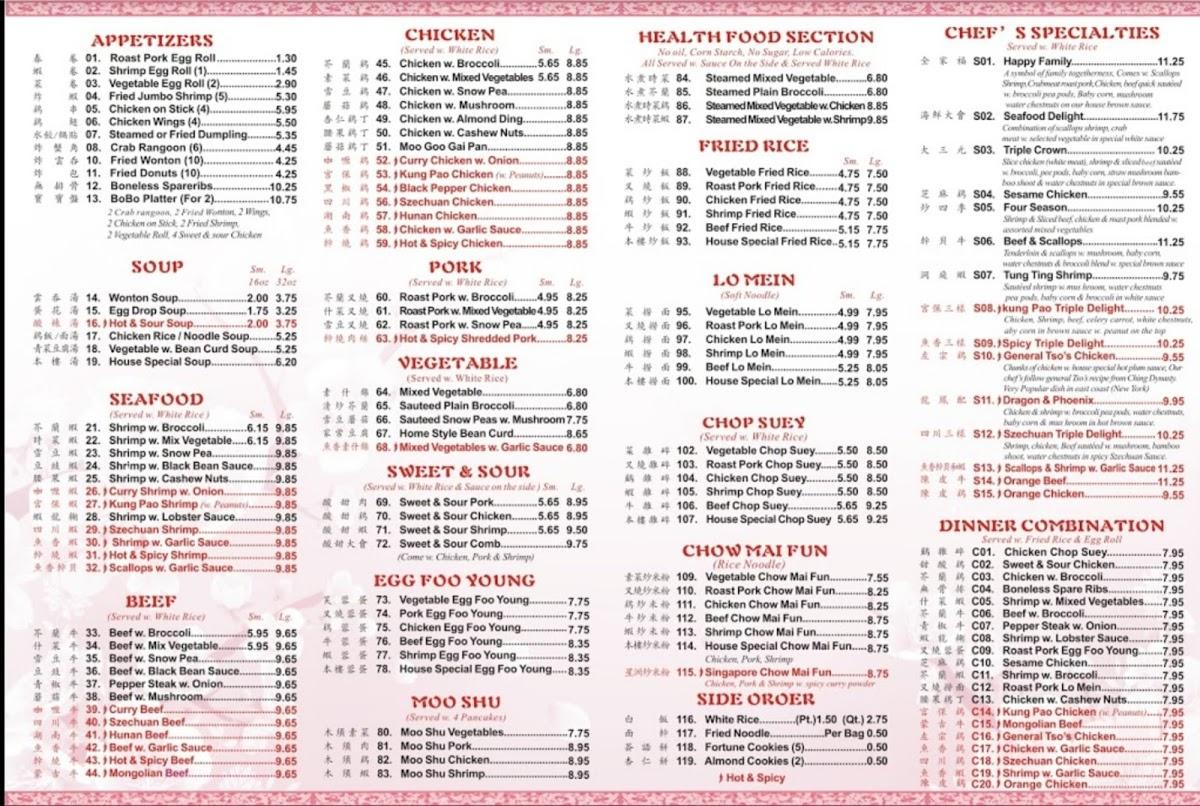 Menu at China King restaurant, Oregon