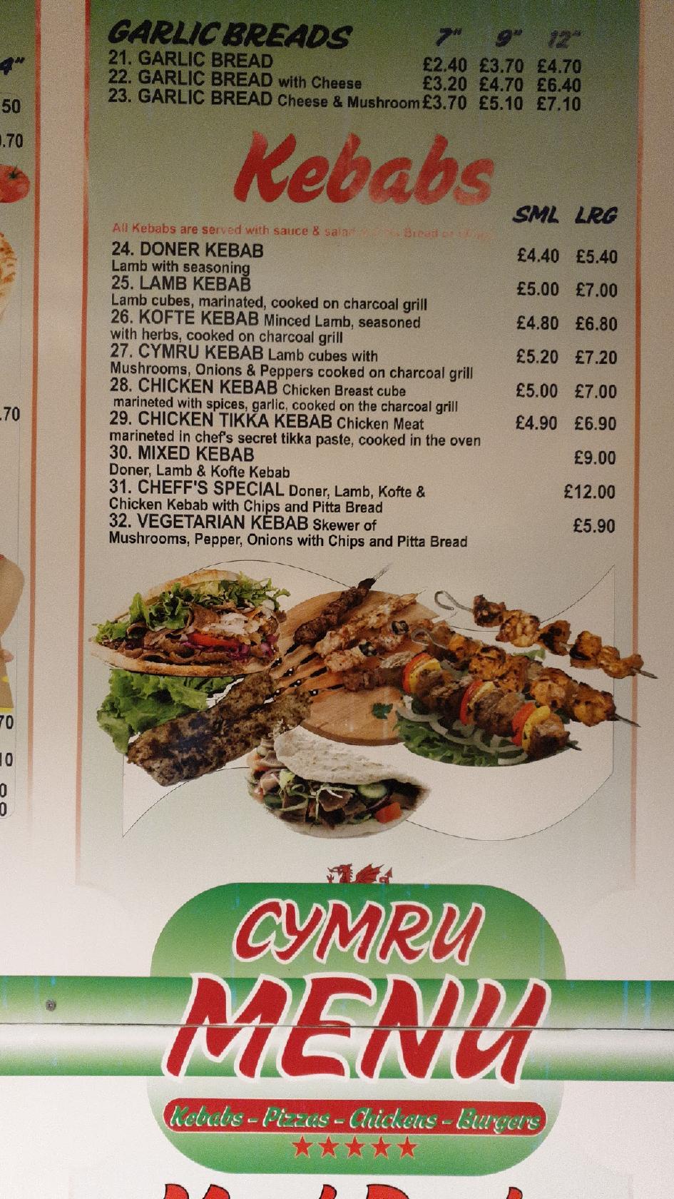 Menu at Cymru Kebab & Pizza fast food, Acrefair