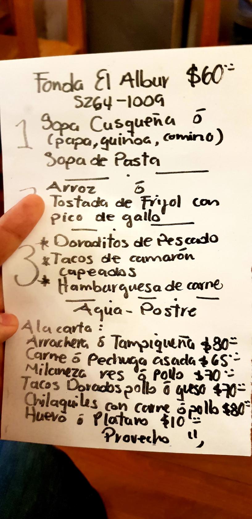 Carta del restaurante Fonda El Albur, Mexico
