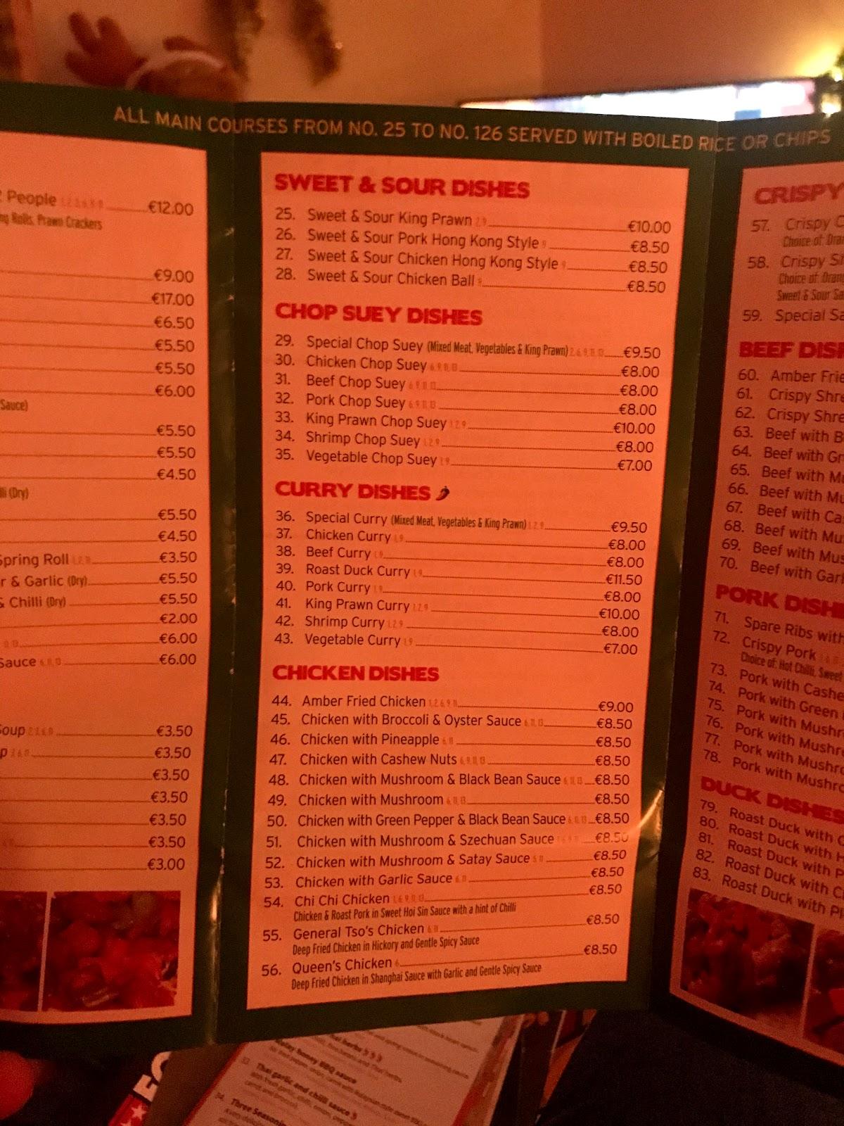 Menu at Ho Kee Chinese restaurant, Tralee