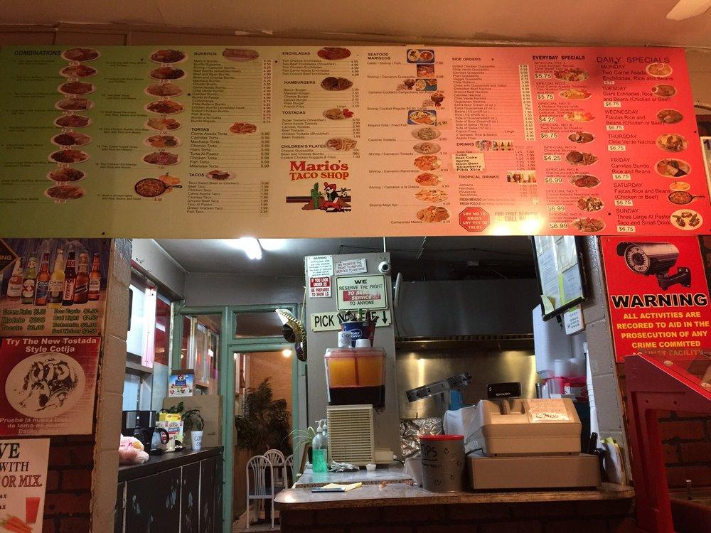 Menu at Mario's Taco Shop fast food, Merced, 51 W 16th St