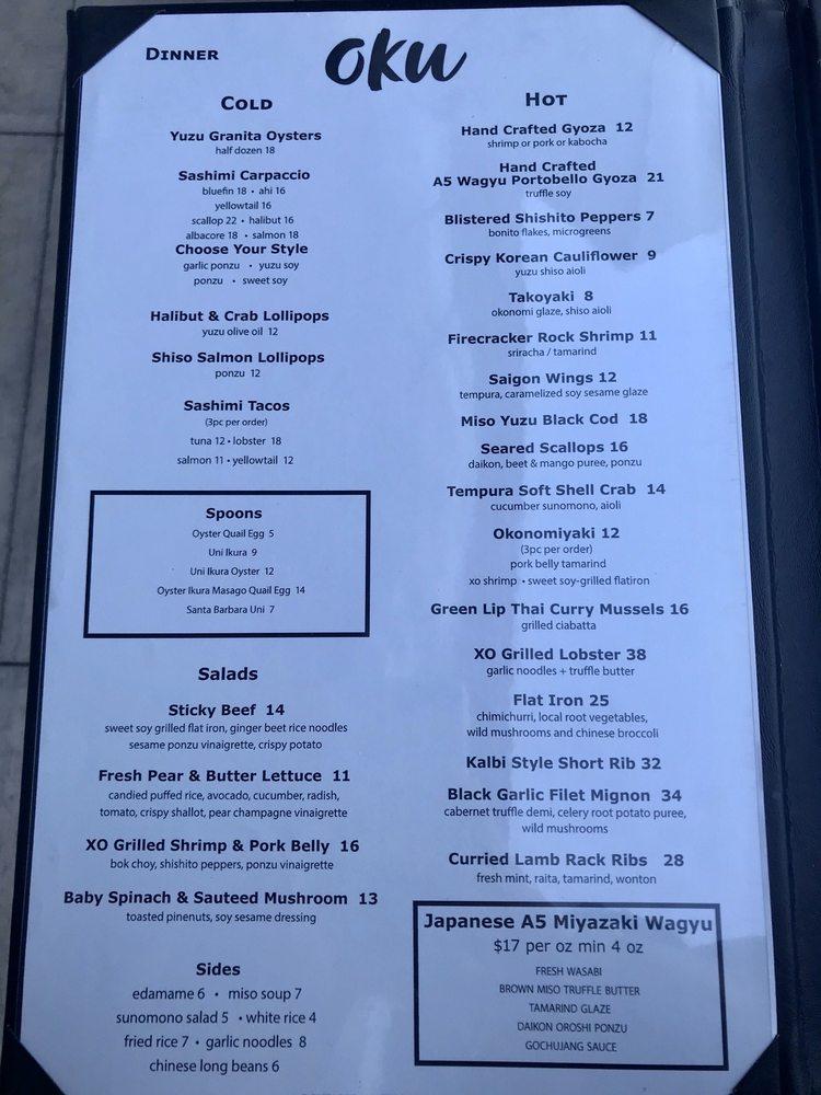 Menu at Oku restaurant, Santa Barbara