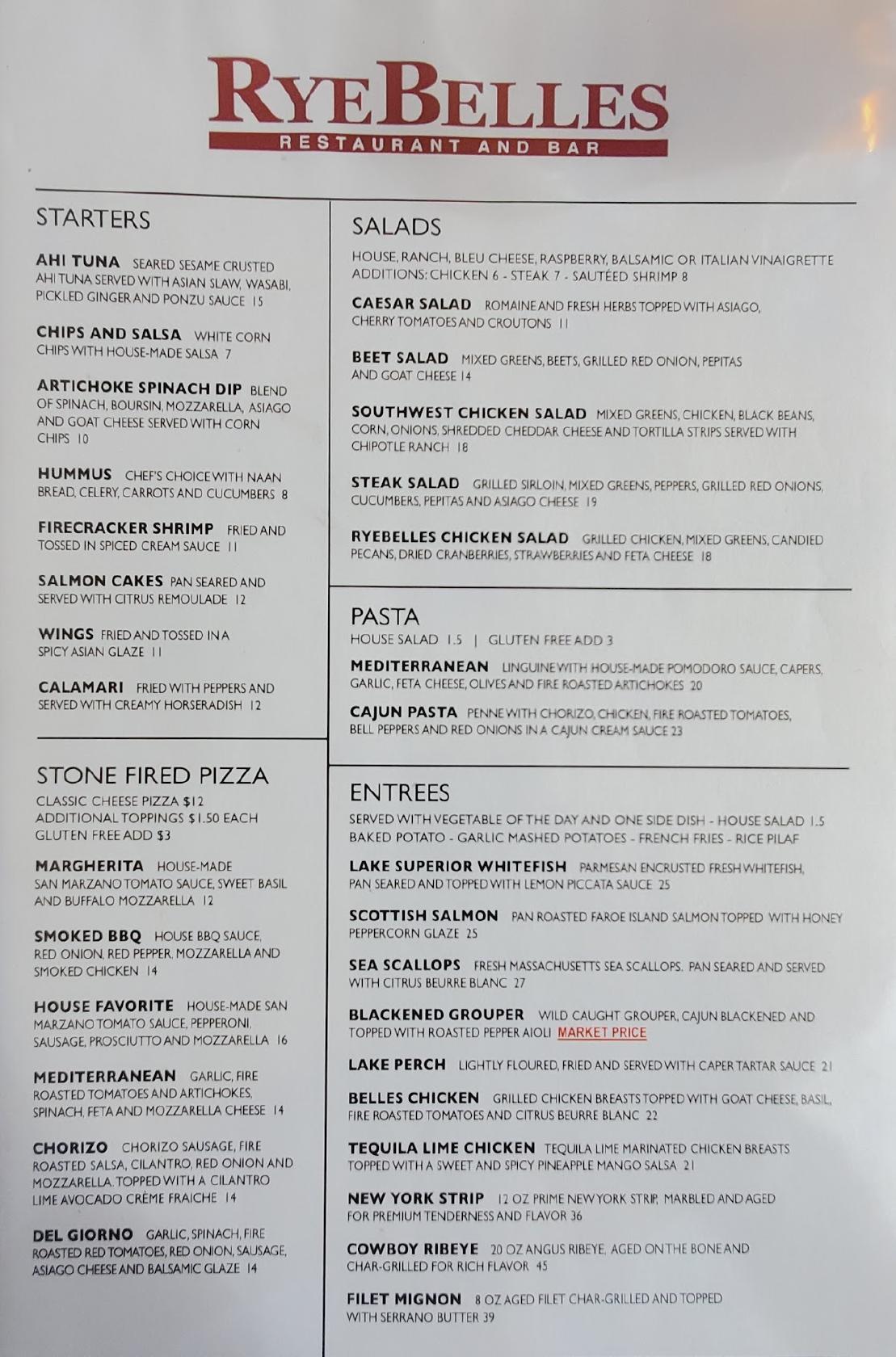 Menu at RyeBelles Restaurant & Bar, Saint Joseph