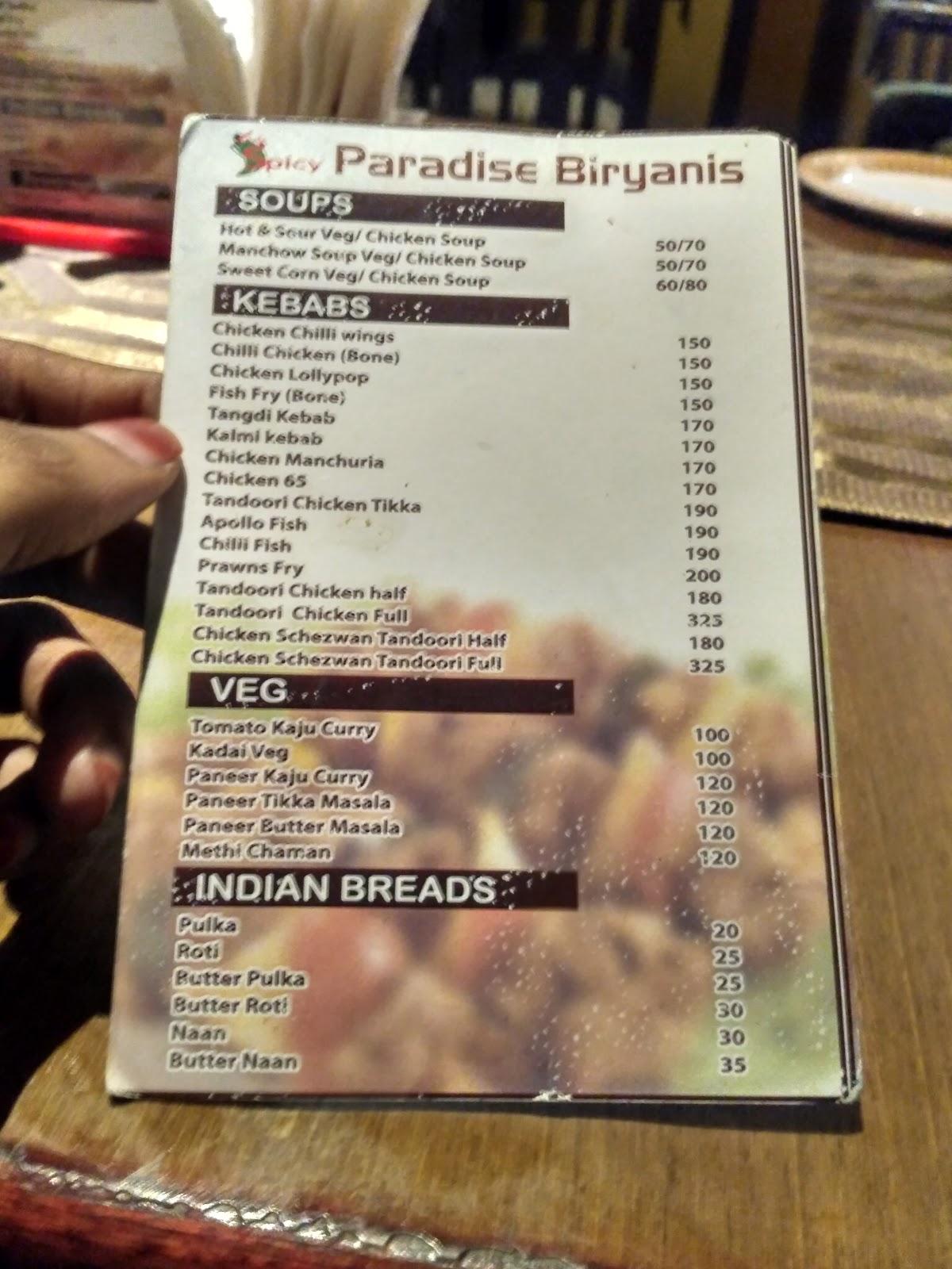 Menu at Spicy Paradise Biryanis, Rajahmundry, 2Q5R+6QF