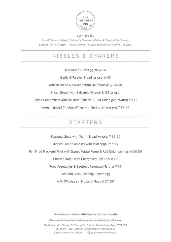 Menu at The Chequers Inn restaurant, Ettington