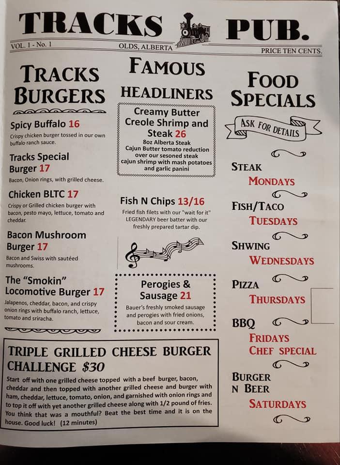 Menu at Tracks Pub, Olds