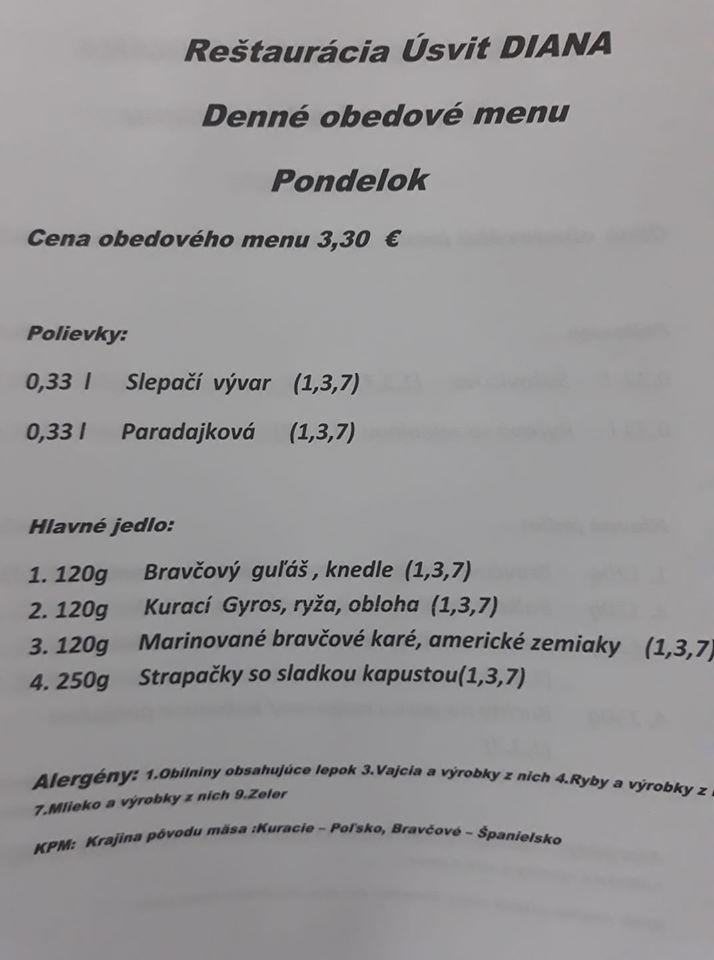 Menu at Úsvit Diana restaurant, Svidník