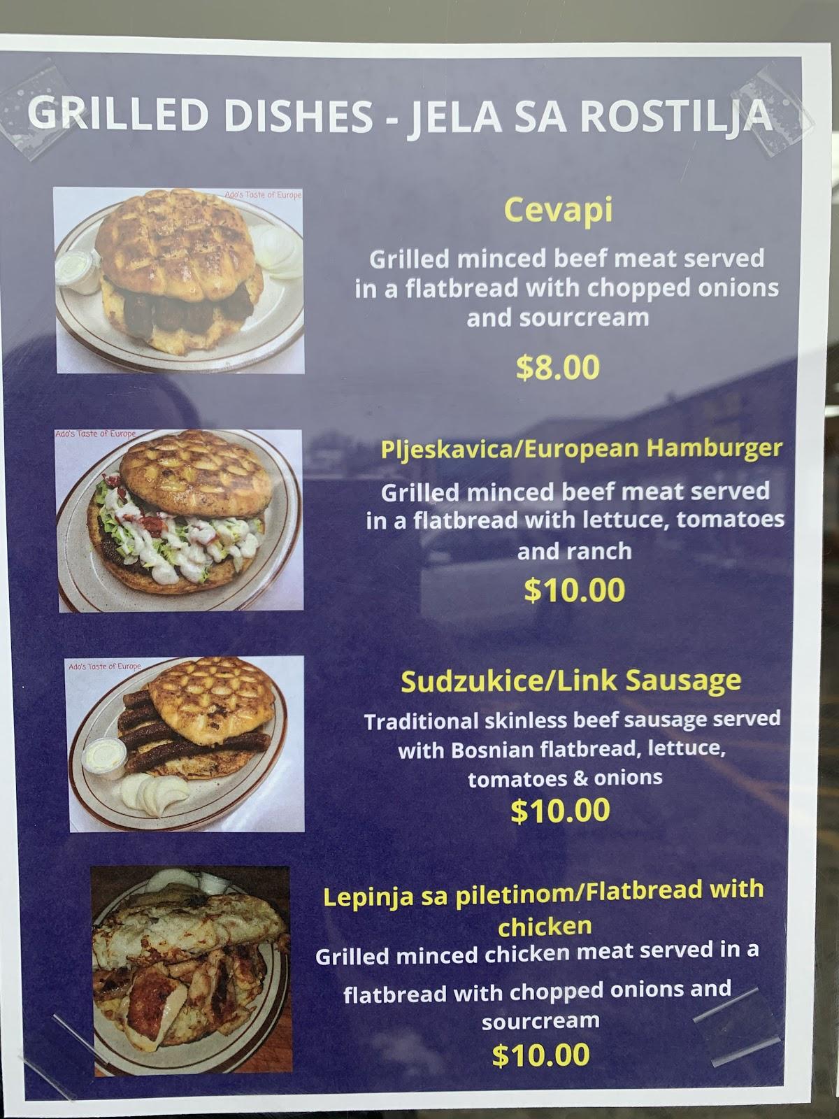 Menu at Ado's Taste of Europe restaurant, Dubuque