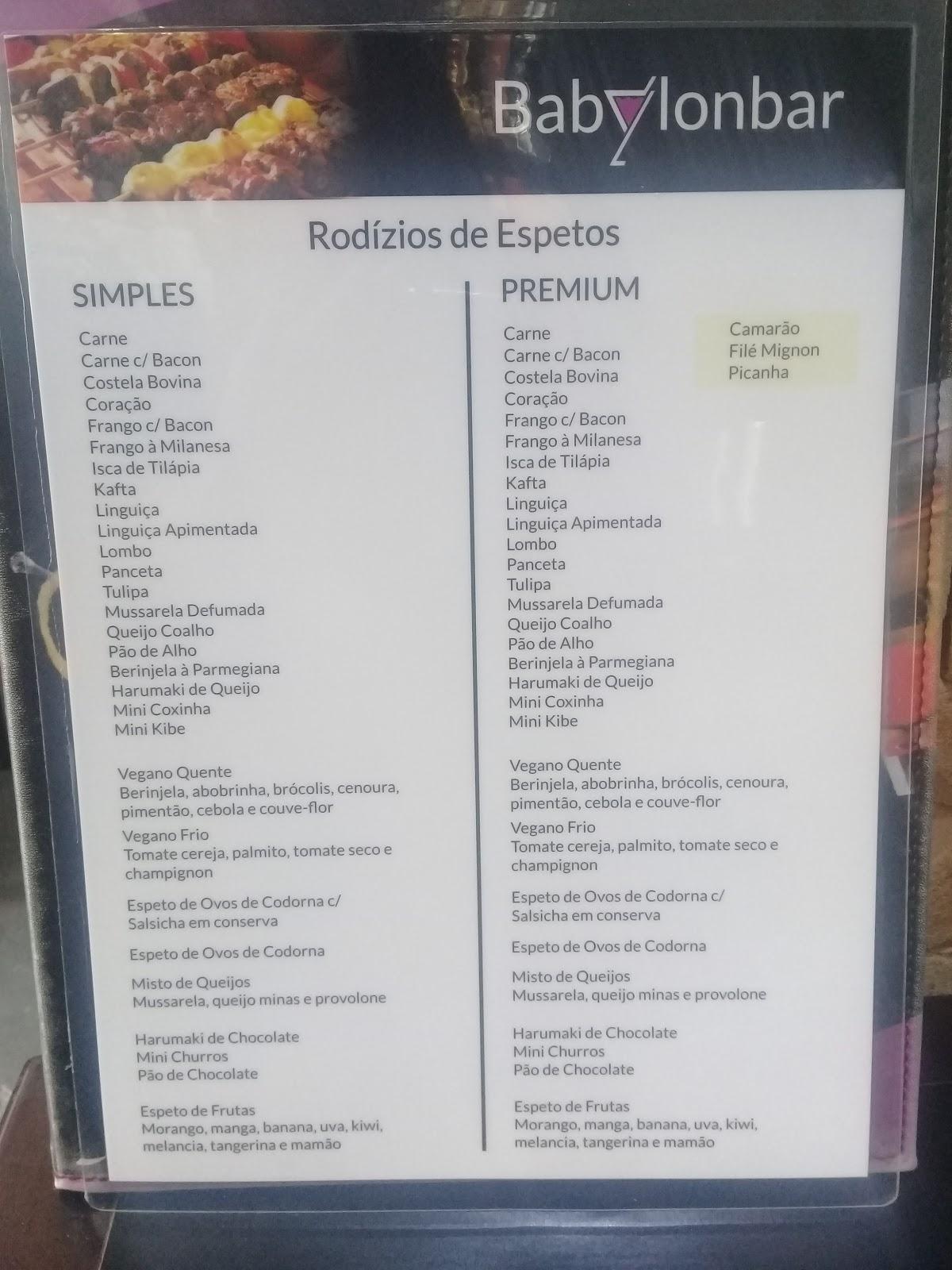 Menu em Babylon Bar, São Bernardo do Campo