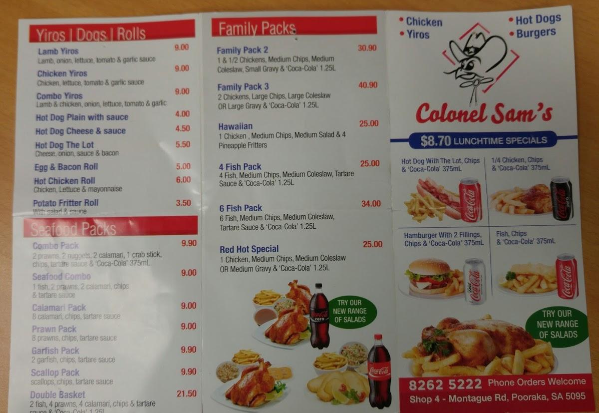 Menu at Colonel Sam's restaurant, Pooraka, 2/2 Montague Rd