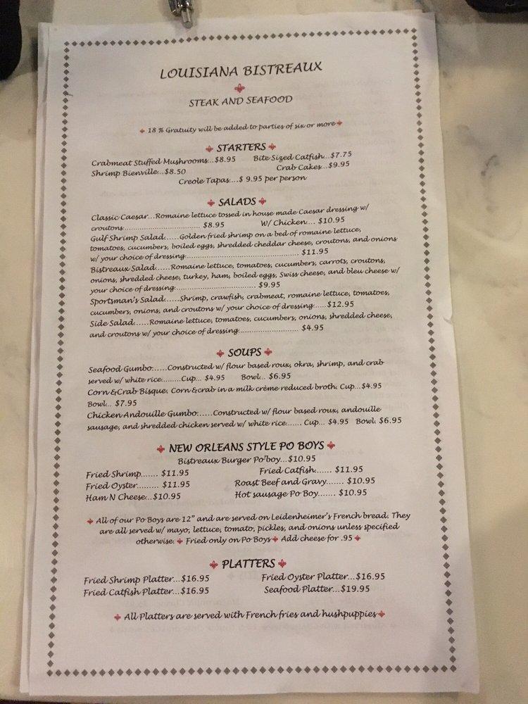 Menu at Louisiana Bayou Bistro steakhouse, Brusly