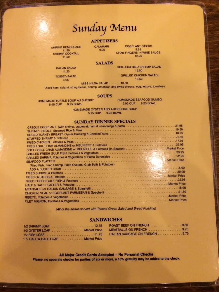 Menu at Mandina's Restaurant, New Orleans