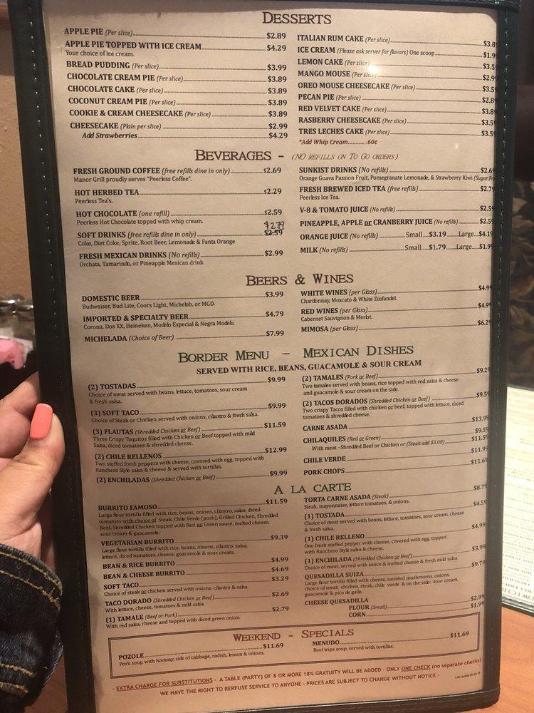 Menu at Manor Grill restaurant, San Leandro