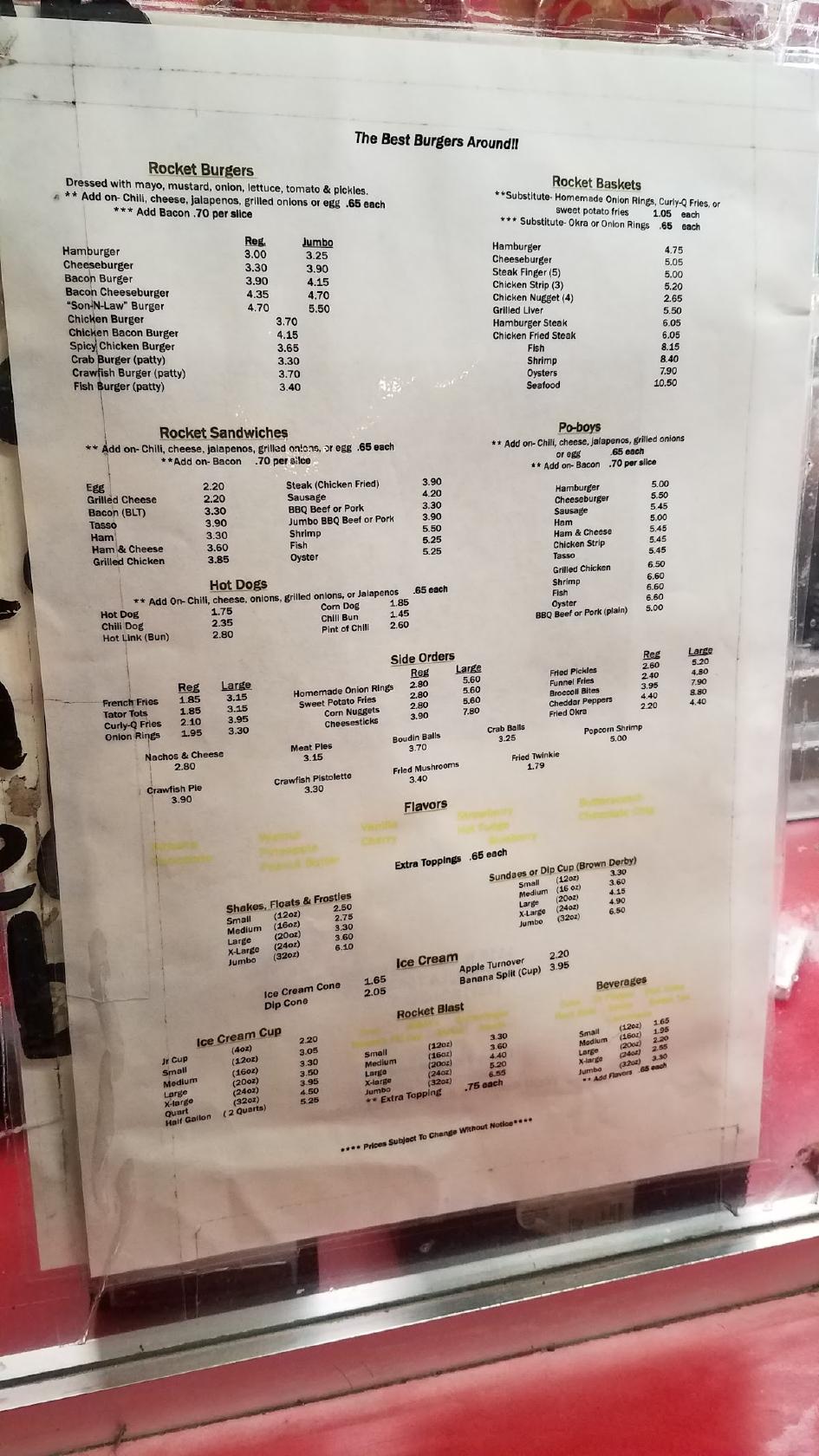 Menu at Rocket Drive Inn restaurant, Jennings