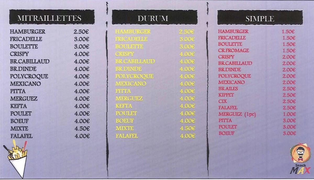 Menu at Snack MAX, Schaerbeek