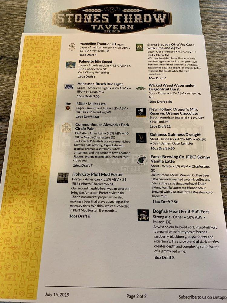 Menu at Stones Throw Tavern pub & bar, Charleston