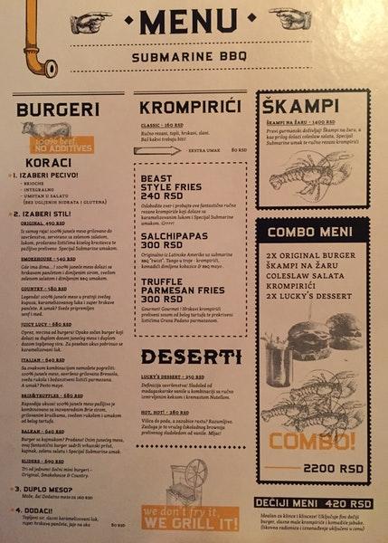 Menu at SUBMARINE BURGER restaurant, Belgrade