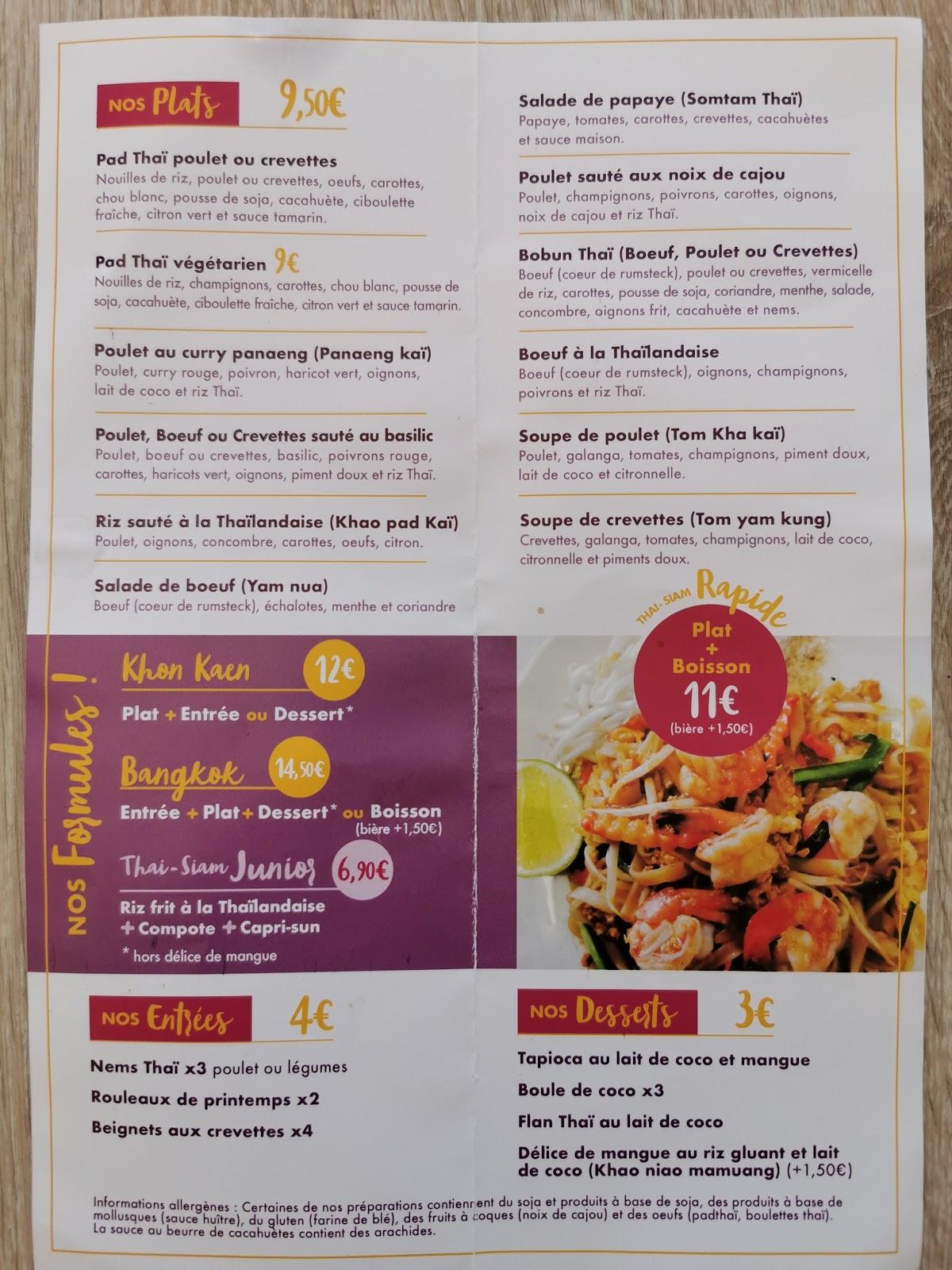 Menu at Thaï-Siam restaurant, Herblay