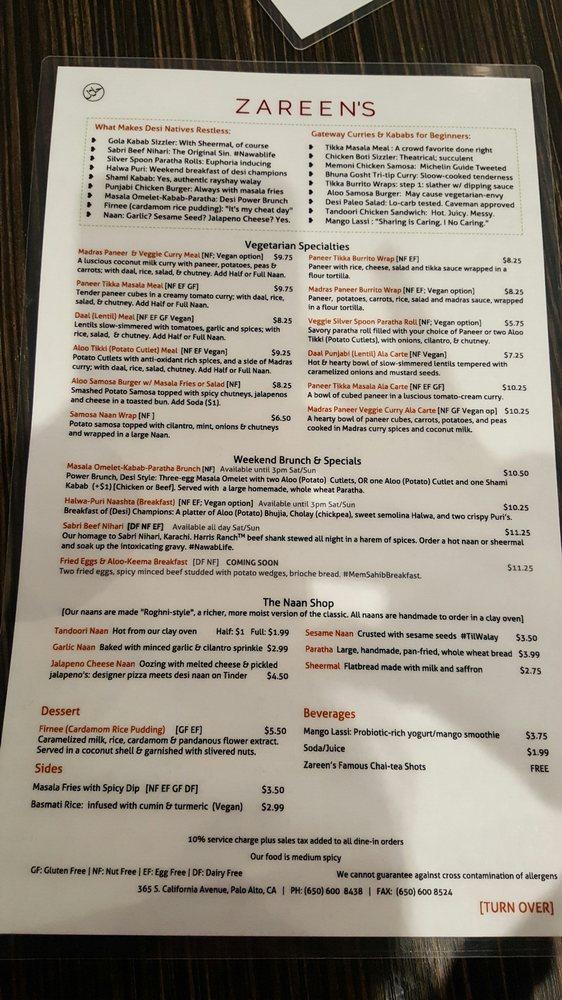 Menu at Zareen's Palo Alto restaurant, Palo Alto