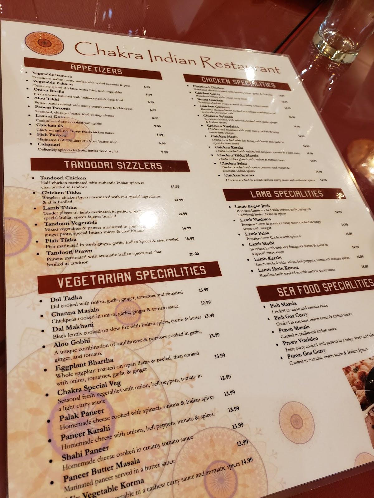 Menu at Chakra Indian Restaurant, Burnaby