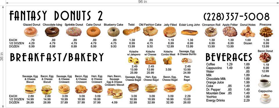 Menu at Fantasy2 Dounuts restaurant, Gulfport