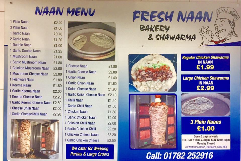 Menu at Fresh Naan restaurant, Stoke-on-Trent