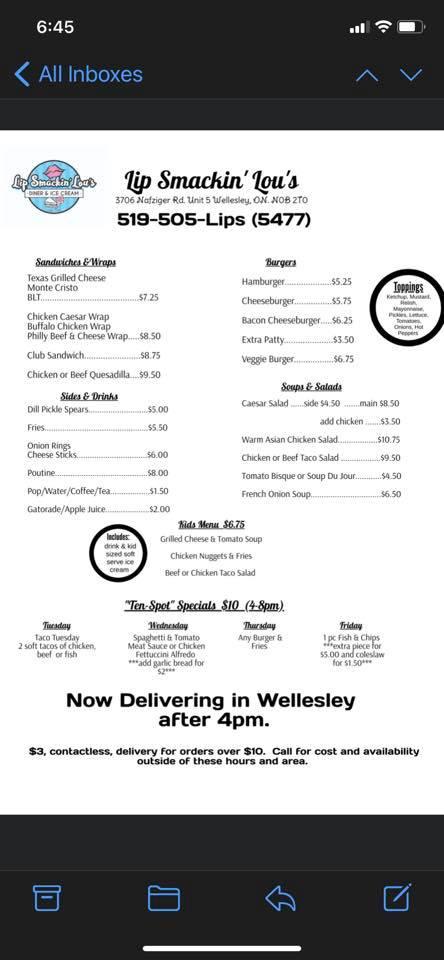Menu at Lip Smackin' Lou's restaurant, Wellesley
