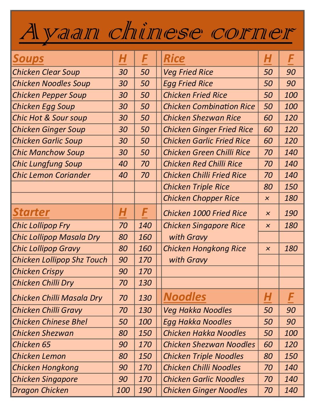 Menu at Ayaan Chinese Corner, Navi Mumbai