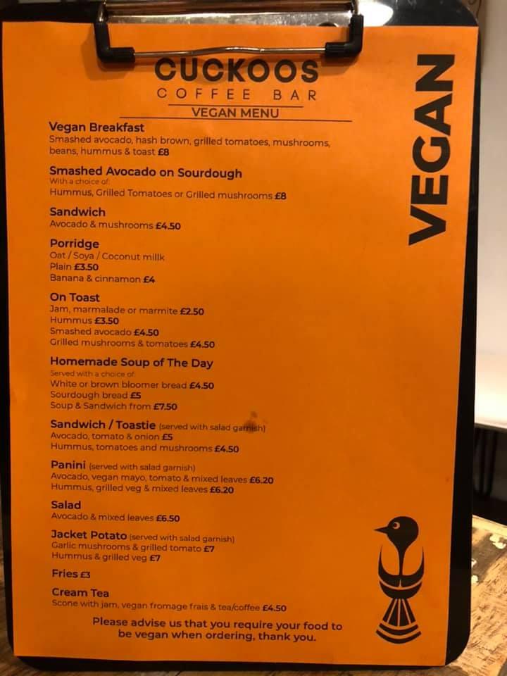 Menu at Cuckoos Coffee Bar, Christchurch