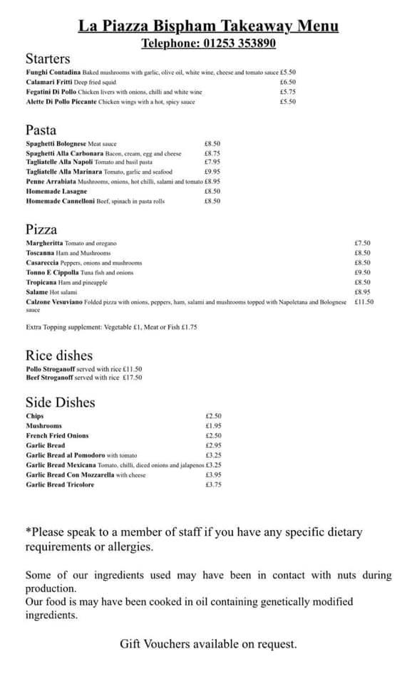 Menu at La Piazza Bispham pizzeria, Blackpool, 65-67 Red Bank Rd