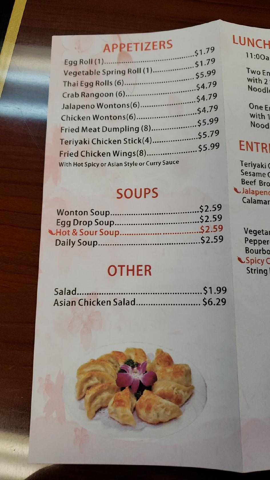 Menu at Ming's Cafe, Tyler