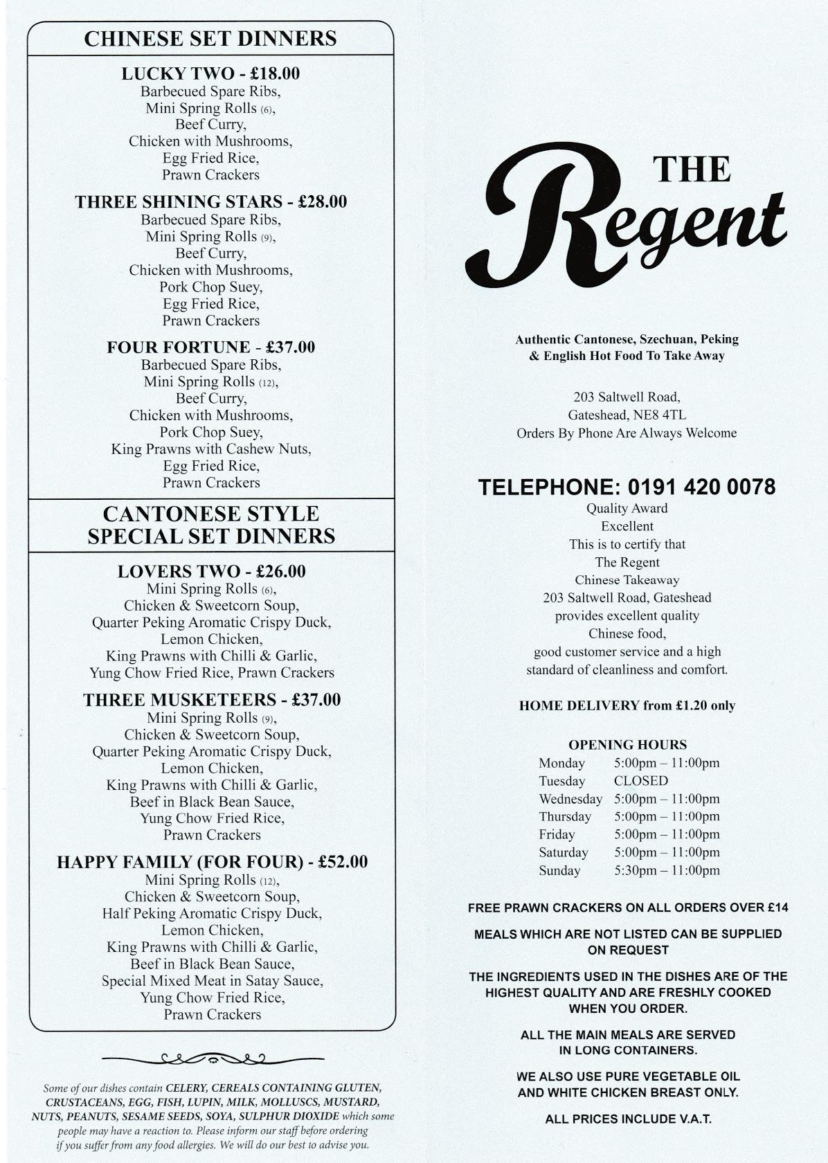 Menu at Regent fast food, Gateshead, 203 Saltwell Rd