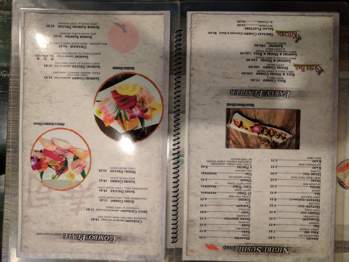 Menu at Sushi Jae restaurant, San Jose