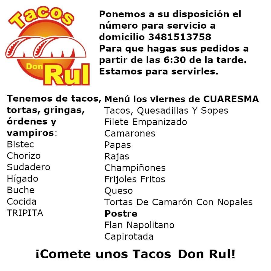 Menu at Tacos Don Rul restaurant, Arandas, C. San David Roldán Lara #526