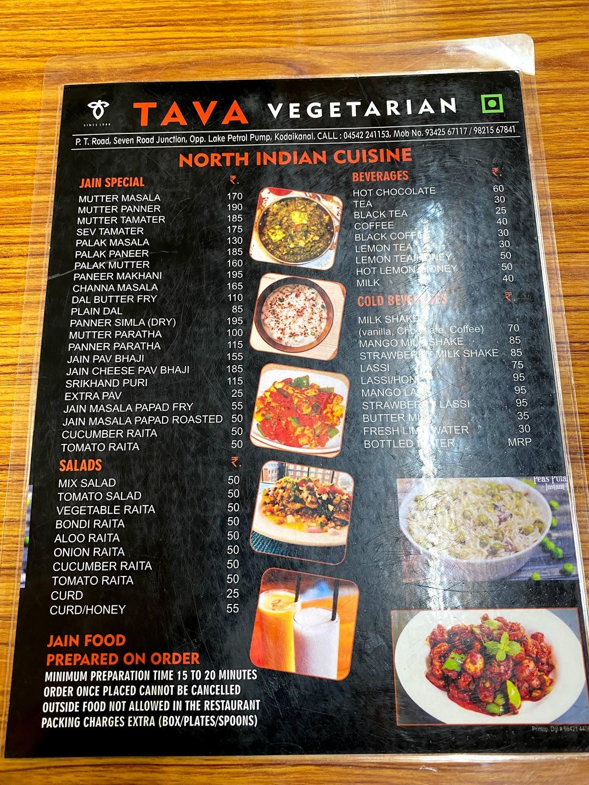 Menu at Tava Vegetarian Restaurant, Kodaikanal
