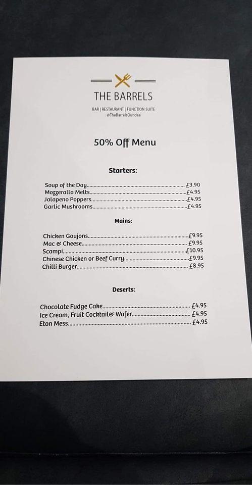 Menu at The Barrels, Dundee