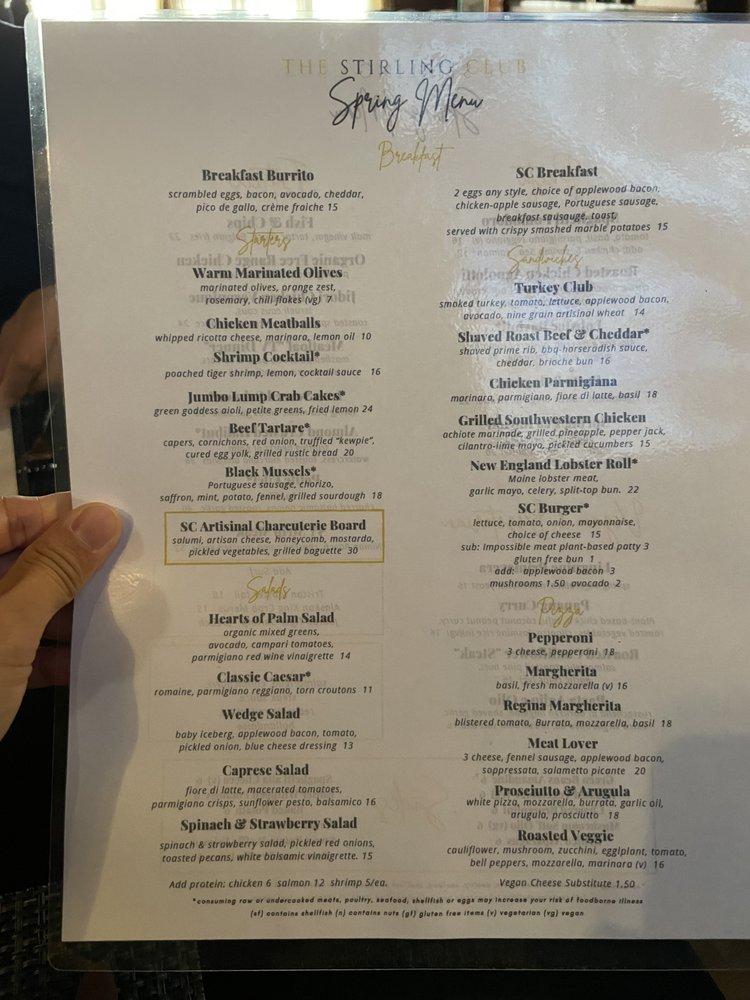 Menu at The Stirling Club, Las Vegas