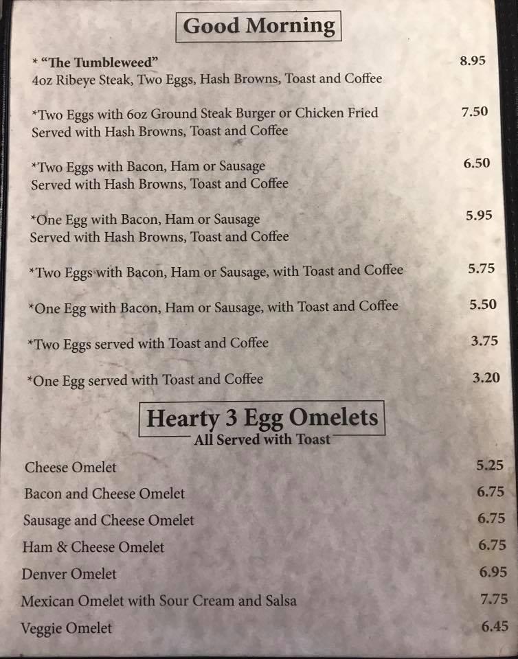 Menu at Tumbleweed Café cafe, Broken Bow