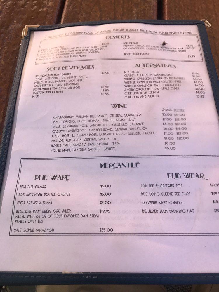 Menu at Boulder Dam Brewing Co. restaurant, Boulder City, 453 Nevada Way