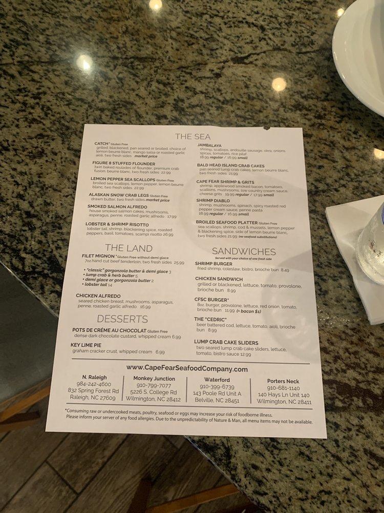 Menu at Cape Fear Seafood Company pub & bar, Wilmington, College Rd #5