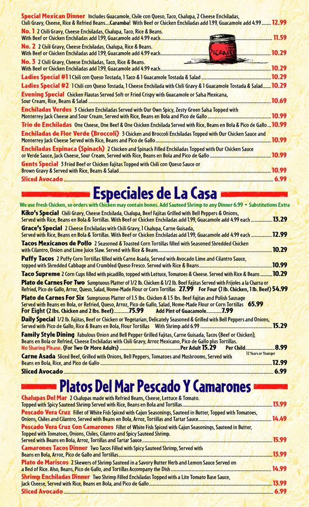 Menu at Kiko's Mexican Food Restaurant & Cantina, Corpus Christi