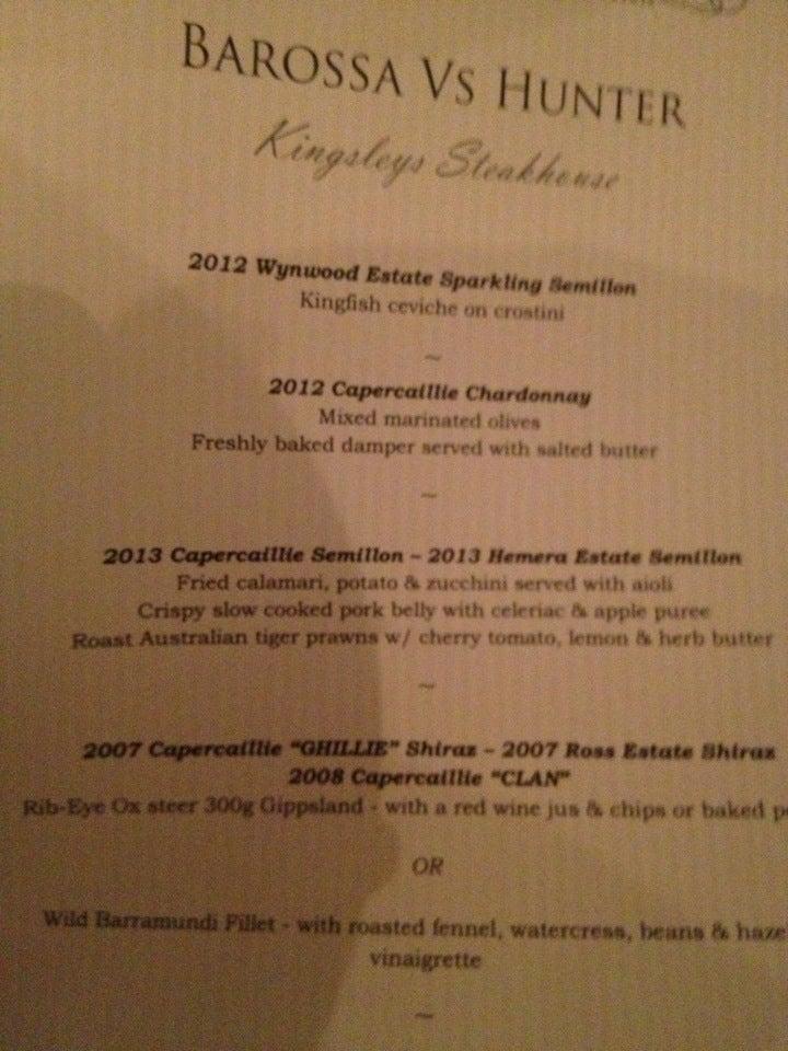 Menu at Kingsleys Australian Steakhouse, Sydney