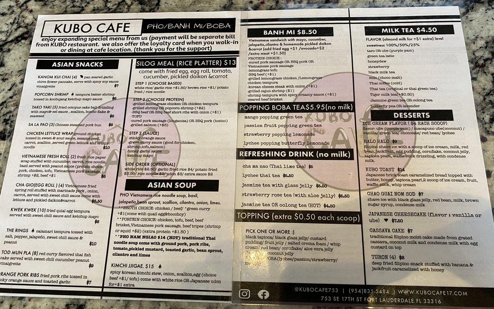 Menu at Kubo Cafe, Fort Lauderdale
