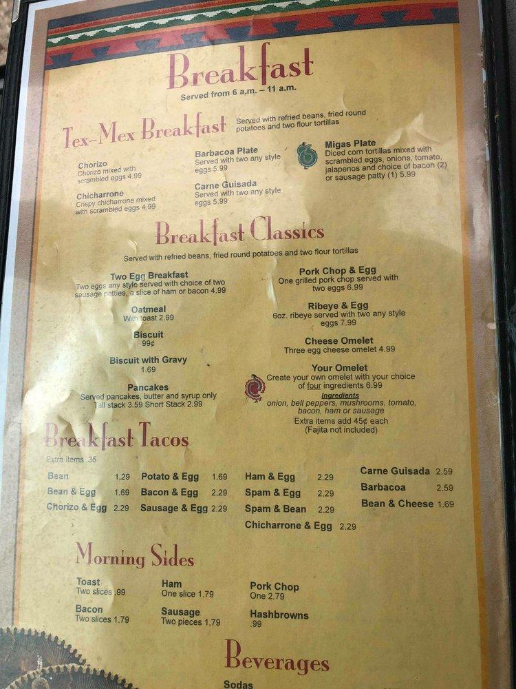 Menu at Las Tres Hermanas restaurant, George West, Hwy 281