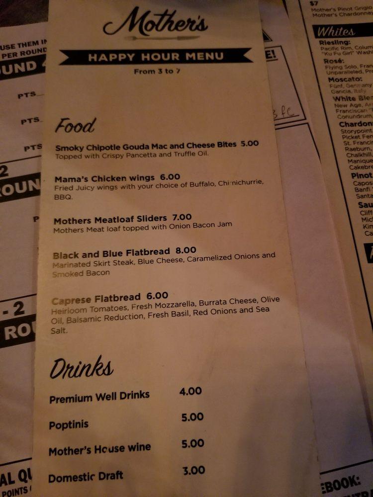 Menu at Mother's restaurant, Tampa