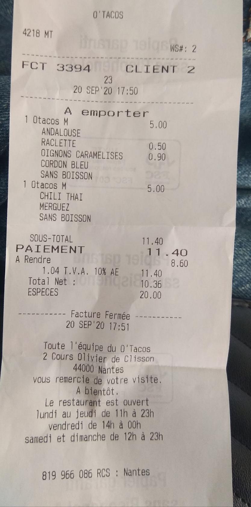 Menu at O'Tacos restaurant, Nantes